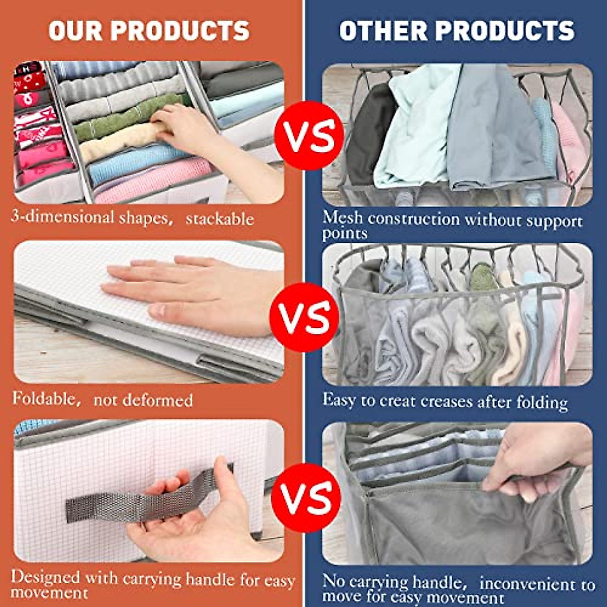 6 Pcs Wardrobe Clothes Organizer Clothing Drawer Organizers Foldable Plastic Hard PP Plate Jeans Organizer for Closet with Handle for Clothing Pants Coats Underwear (S 7 Grids, L 7 Grids, XL 8 Grids)