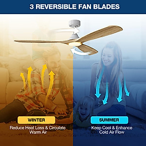60 Inch Smart Ceiling Fan with Lights, Wood Blades Ceiling Fan with Remote, Alexa, App Controls, Quiet DC Motor 6 Speed, Timing, High CFM, Dimmable LED Light for Home Office, White + Natural Wood