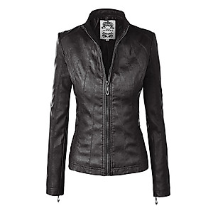 Made By Johnny MBJ WJC877 Womens Panelled Faux Leather Moto Jacket S Black