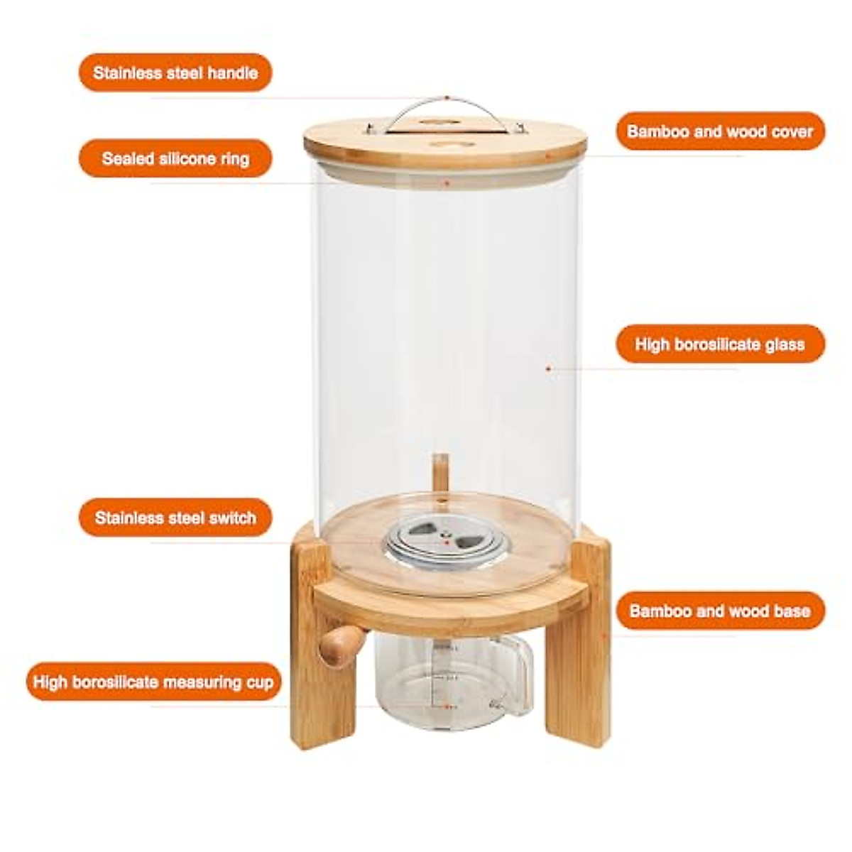 Kaichenyt 7.5L Rice Dispenser, Flour and Cereal Container, Glass Food Storge Container with Airtight Lid and Wooden Stand for Rice, Beans, Ground Coffee (7.5L)