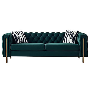Akrenar Modern Sofa Couches for Living Room, 84 Inches Velvet Button Tufted Couch Upholstered Sofa with 2 Pillows and Metal Legs Decor Furniture for Bedroom, Office (Green)