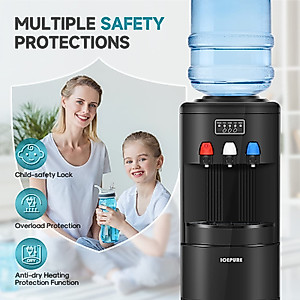 ICEPURE 3 in 1 Water Cooler Dispenser with Built-in Ice Maker, Hot Cold Room Temp Water and Bullet Ice, Top Loading 2, 3 or 5 Gallon, 26.5 Lbs per 24H Ice Maker, Child Safety Lock, Black
