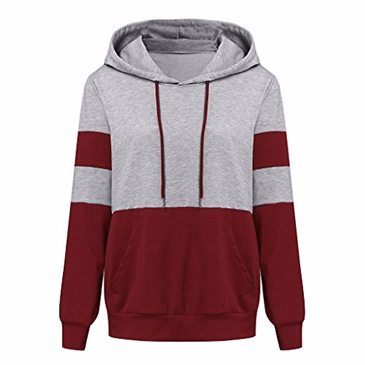 FraftO Womens Hoodie Top Spell Color Stripes Large Size Long Sleeve Sweatshirt Drawstring Pocket Simple Pullover Wine