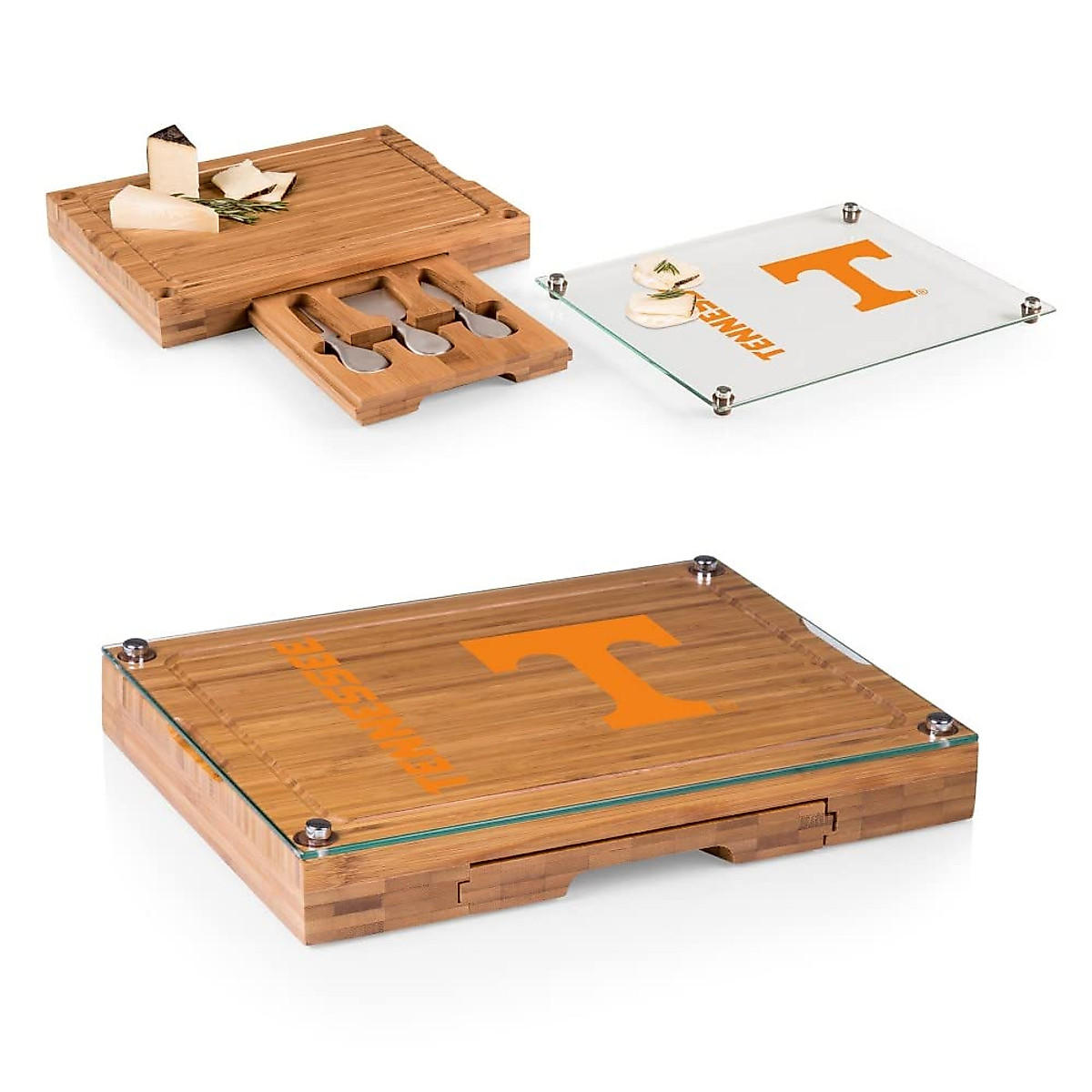NCAA Tennessee Volunteers Concerto Glass Top Cheese Board and Knife Set - Charcuterie Board Set - Glass Top Cutting Board