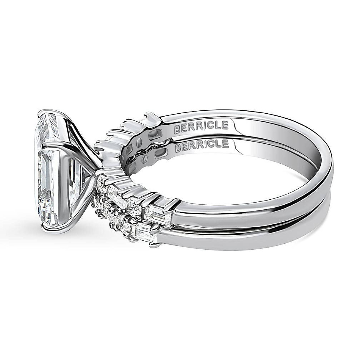 BERRICLE Sterling Silver Solitaire Wedding Engagement Rings 2.1 Carat Emerald Cut Cubic Zirconia CZ Art Deco Ring Set for Women, Rhodium Plated Size 5
