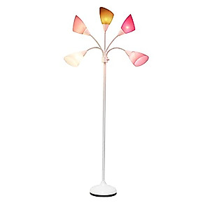 Simple Designs LF2006-WPG 67" Contemporary Multi Head Medusa 5 Light Adjustable Gooseneck White Floor Lamp with Pink, White, Gray Shades for Kids Bedroom Playroom Living Room Office, 30 x 10 x 67
