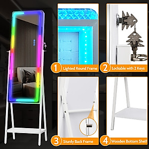 LVSOMT RGB LED Jewelry Mirror Cabinet, Standing Jewelry Armoire Organizer, Stand Up Full-Length Mirror with Jewelry Storage, LED Lighted Floor Mirror, 14 Lights + Dimmable + Adjustable Speed, White