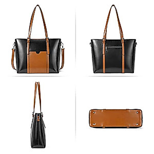 BROMEN Leather Women Handbag Large Work Tote Purse Fit Up to 15.6 inch Black with Brown