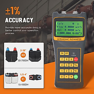 Bonvoisin Handheld Ultrasonic Flow Meter Portable Clamp on Flowmeter with Data Output S1+M2 Sensors for Seawater Alcohol Industrial Sewage DN15-700mm (1/2-28")