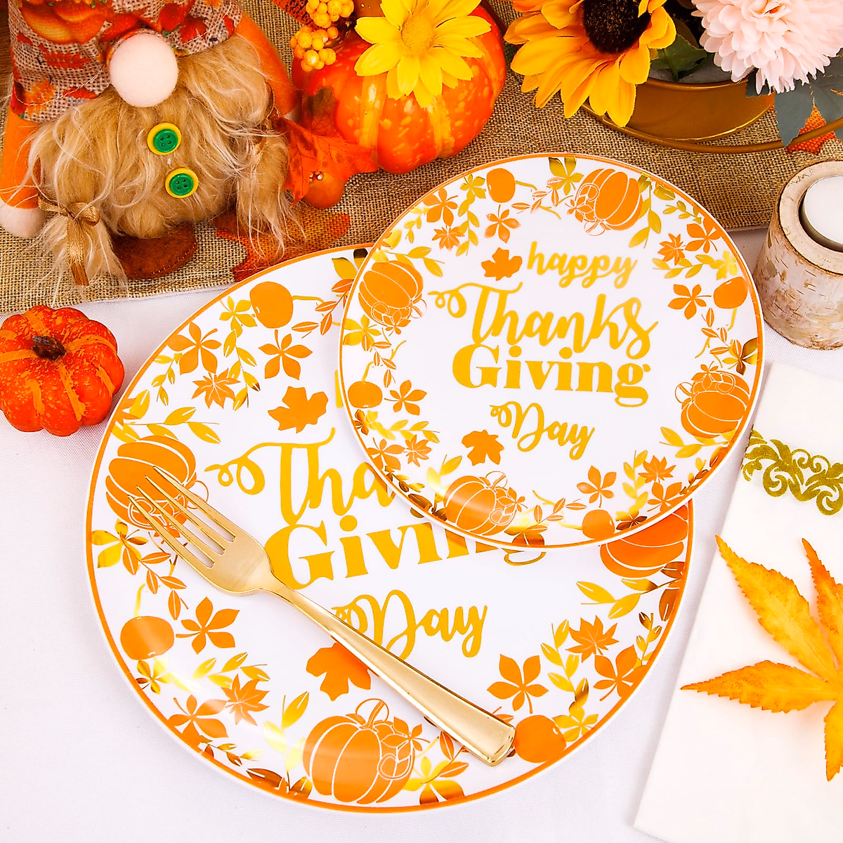 supernal 175pcs Thanksgiving Plastic Dinnerware Set,Gold Plastic Plates with Gold Plastic Silverware,Gold Thanksgiving Plastic Cups,Pumpkin and Maple Leaf Design for Thanksgiving Day Party