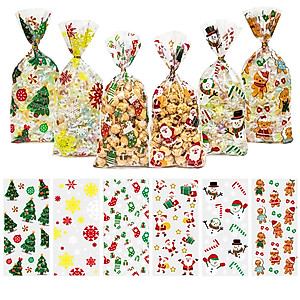 Christmas Treat Bags, Christmas Candy Bags, Christmas Bags for Goodies, 60 PCS Christmas Cellophane Bags with Ties, Christmas Plastic Bags, Christmas Cello Bags for Christmas Day Party Favor Supplies