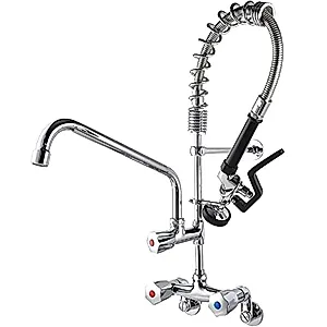 MS 4-8 Inch Adjustable Center Wall Mount 25'' Height Commercial Kitchen Sink Faucet Brass Mini Pre Rinse Unit with Spray Valve and 12 inch Add on Spout (6814P)