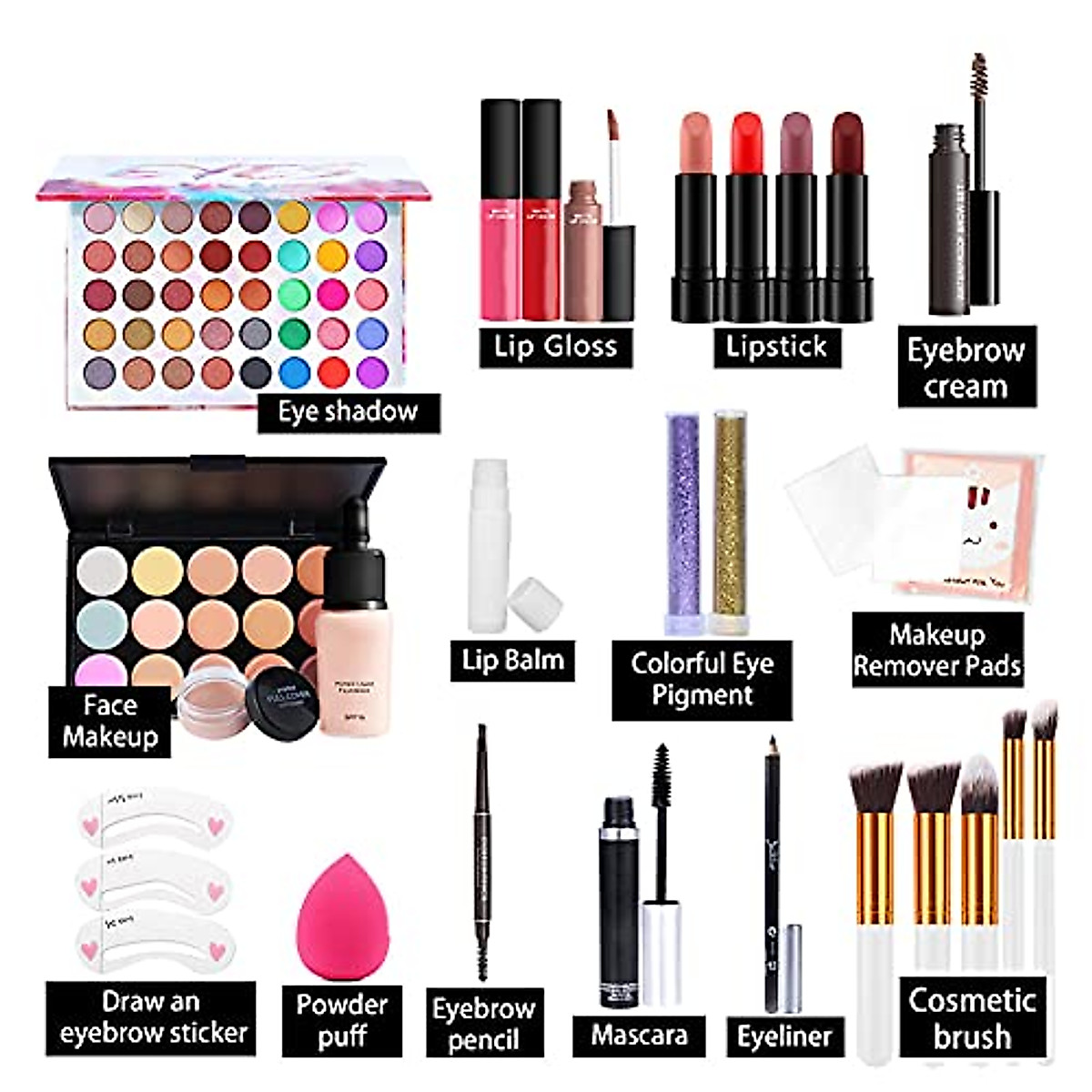 All-In-One Makeup Gift Set Birthday Gift Valentine's Day Gift Cosmetic Bag Including Professional Mascara Foundation Brush Palette Lipstick Lipgloss Eye Shadow Palette Makeup Kit for Women Full Kit