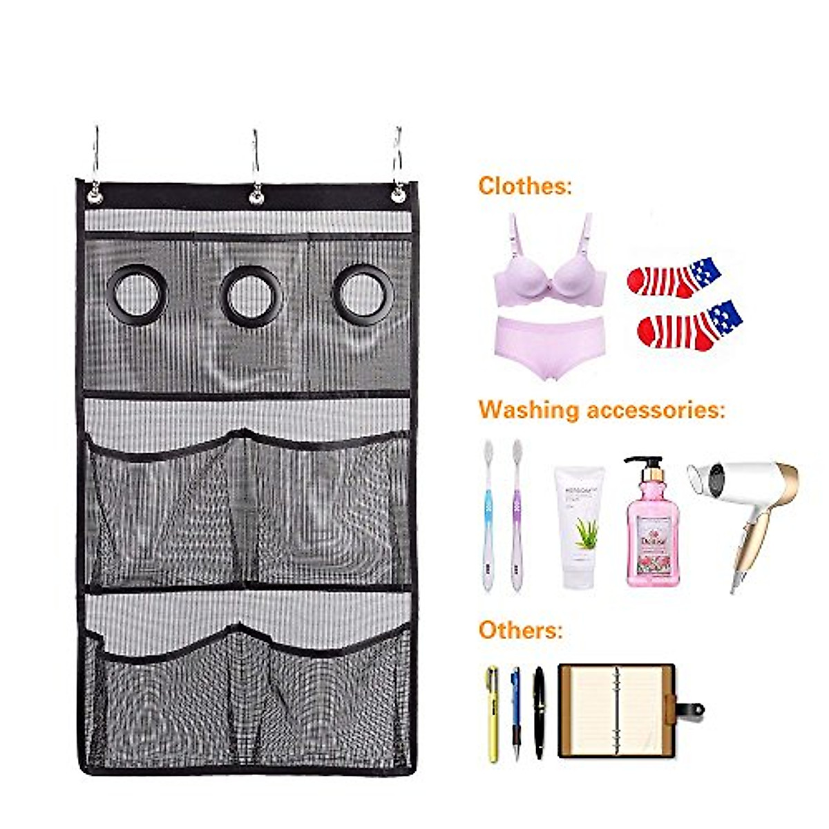 FishMM Mesh Shower Caddy College with Hooks, Bath Organizers for Shower with 7 Pockets, Hang on Shower Curtain Rod/Liner Hooks/Door for Bathroom,Space Saving