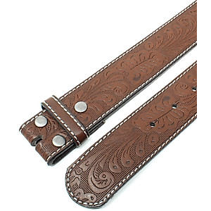 BC Belts Leather Belt Strap with White Stitching and Embossed Western Scrollwork 1.5" Wide with Snaps (Brown/White-L)