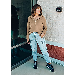 BTFBM Women's Long Sleeve V-Neck Pullover Sweater Casual Fall Winter Collar Ribbed Knit Loose Slouchy Jumper Sweaters(Solid Light Khaki, Large)