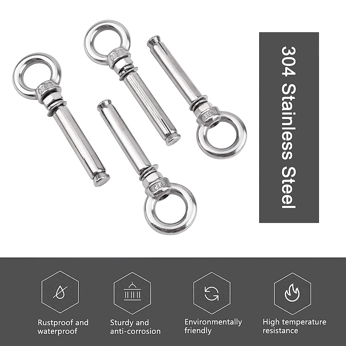 INCREWAY Expansion Bolt, 4 Pcs 304 Stainless Steel Ring Lifting Anchor Eyebolt Expansion Screw with Ring Closed Hook Internal Expansion Bolt Fastner for Concrete Wall, M8 x 80mm