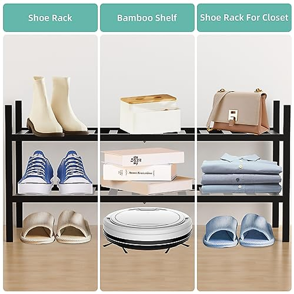 quiseolu Bamboo Shoe Rack 2 Tier Stackable Shoe Shelf Small Shoe Racks DIY Free Standing Shoe Stand for Closet Entryway Bedroom Floor Dorm Sturdy Black Shoes Organizer D11 * W27.2 * H12.6 Inches