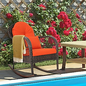 Tangkula Outdoor Wicker Rocking Chair, All- Weather Rattan Armchair w/Heavy-Duty Steel Frame, Patio Glider Rocker Chair w/Thick Cushions & Lumbar Pillow for Poolside, Garden, Porch, Backyard
