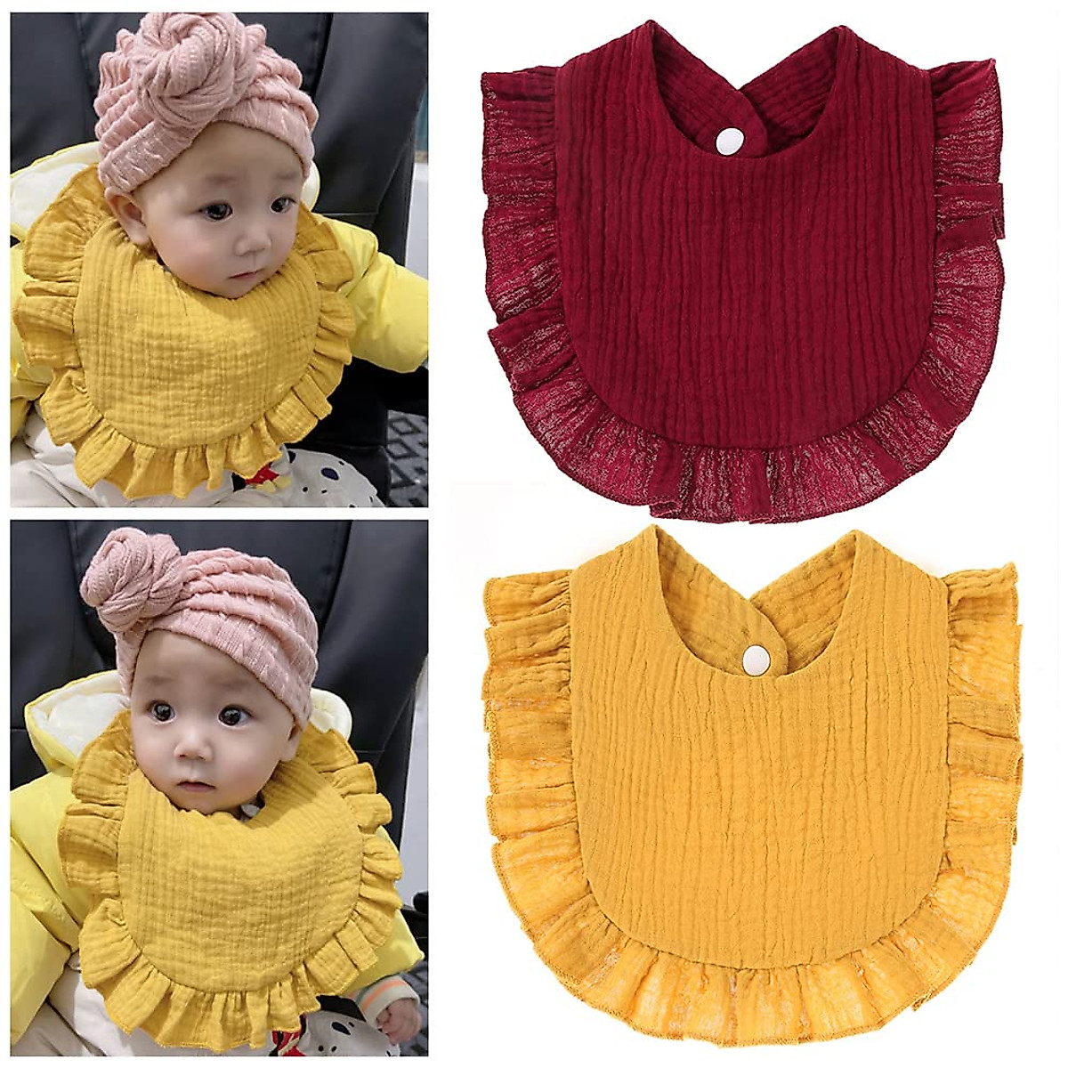 Surakey 1 Pack Baby Bibs 4-Layer Soft Absorbent Lace Feeding Bibs for Teething Drooling Baptism Washable Outfits for Unisex (White)