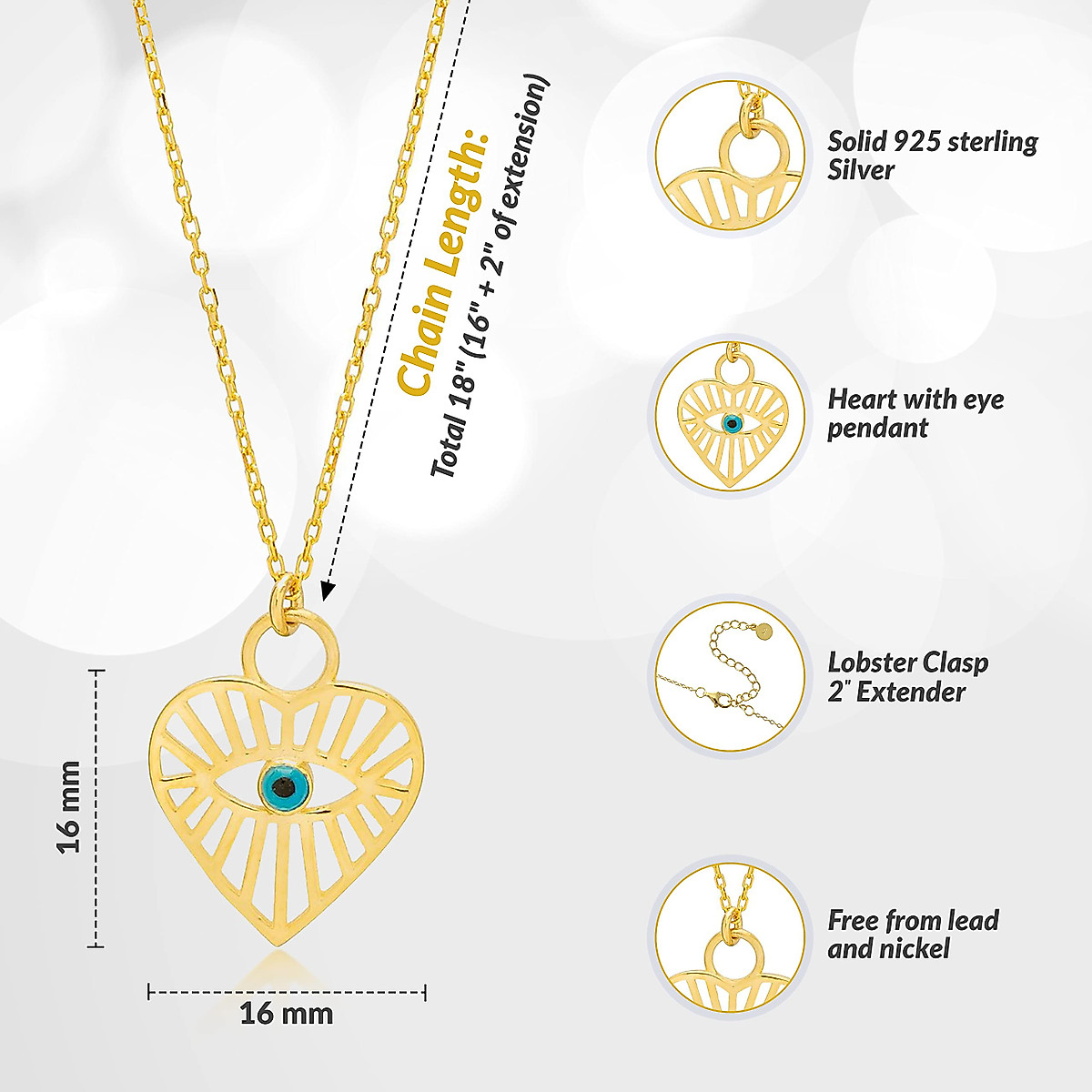 Ambica New York Heart Evil Eye Necklace for Women,14K Gold Plated Necklace with Heart Pendant,Turquoise Evil Eye Pendant Third Eye Necklace, Sterling Silver, No Gemstone