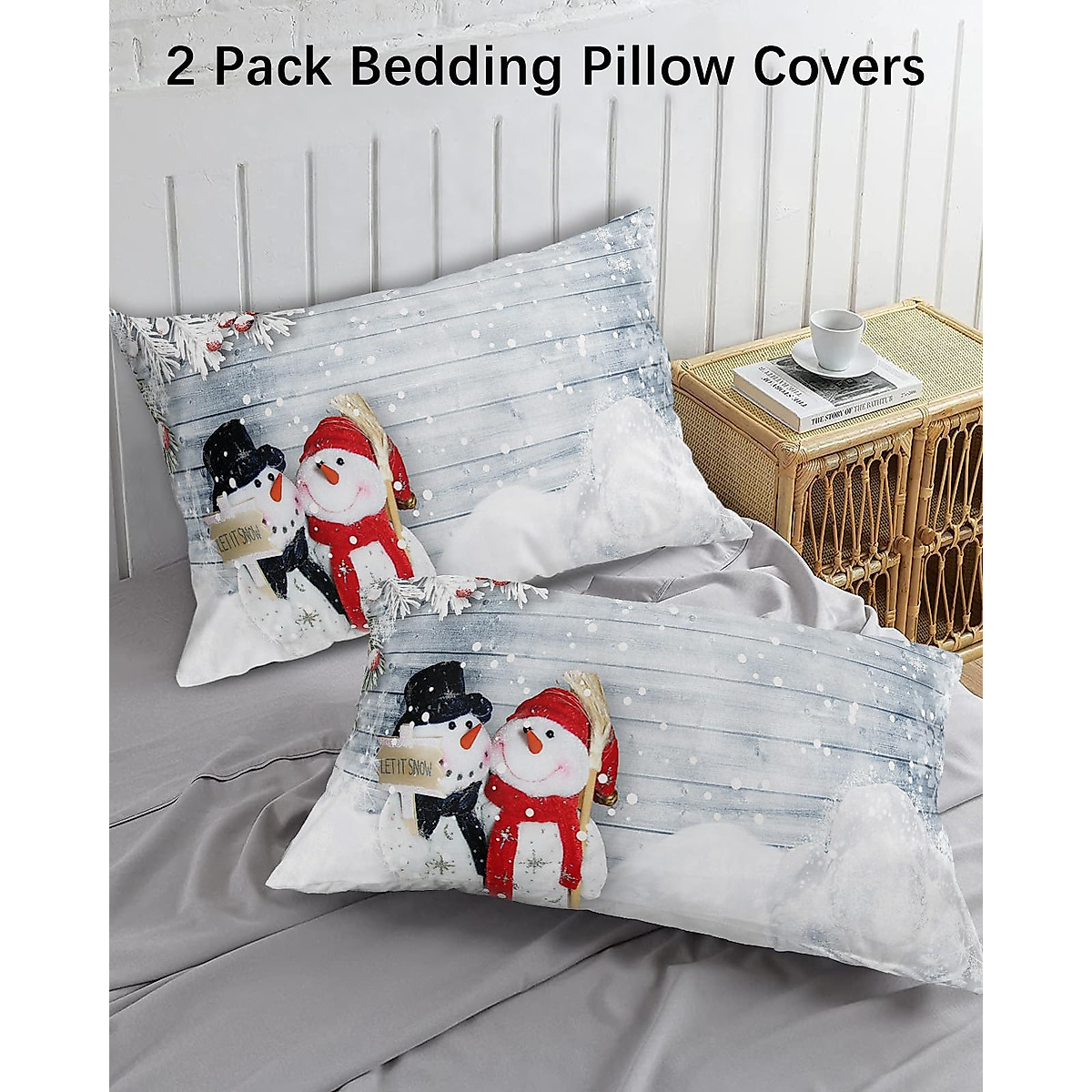 Edwiinsa Farmhouse Snowman Pillow Covers King Standard Set of 2 20x36 Bed Pillow, Plush Soft Comfort for Hair/Skin Cooling Pillowcases with Envelop Closure Throw Covers Christmas Winter Pine Leaves