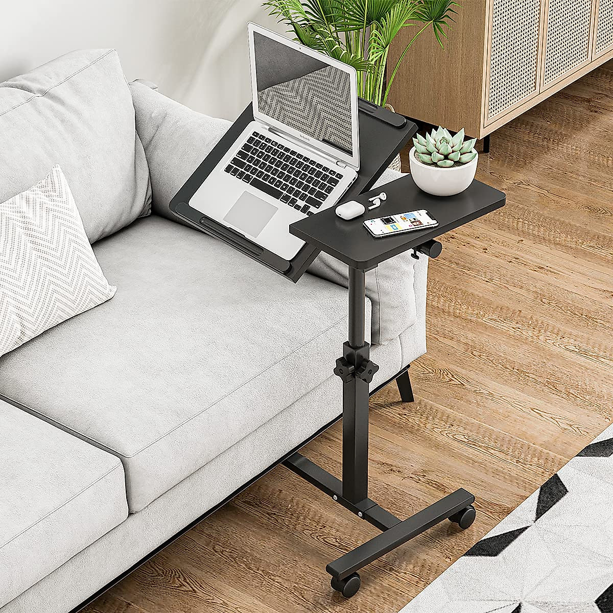 NC Furist Bedside Table Rolling Laptop Tray and Projector Cart, Height Adjustable Presentation Cart with Wheels | Overbed Table with Tilting Tabletop (QQ-15 Black))