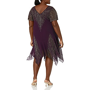 J Kara Women's Plus Size Short Beaded Godet Dress, Wine/Mercury, 20W