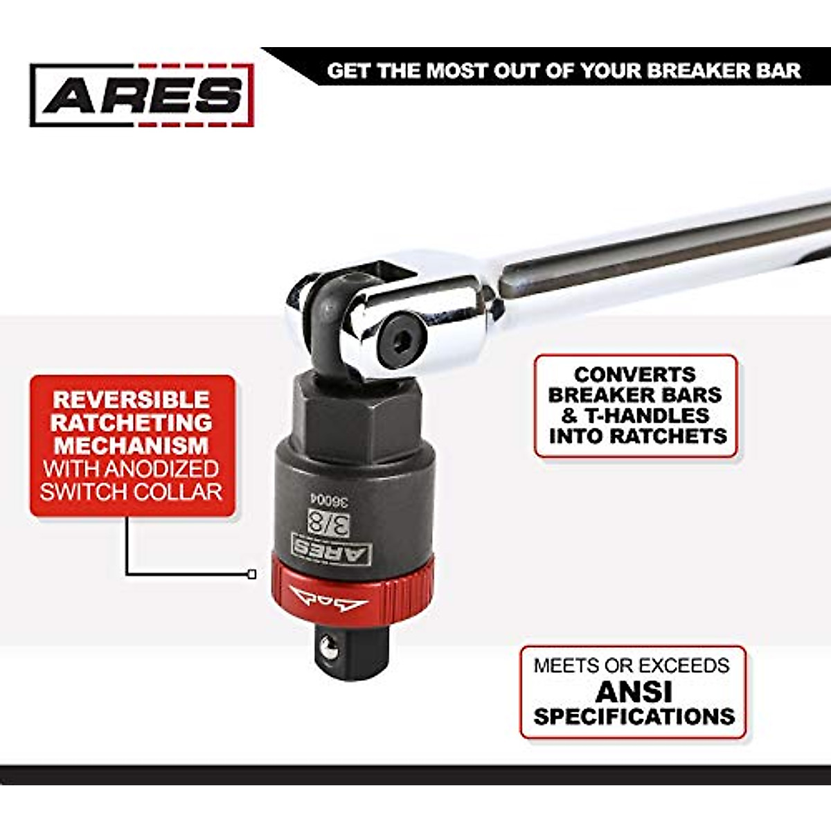 ARES 36004-3/8-Inch Drive Ratcheting Breaker Bar Adapter - Converts Breaker Bar or Sliding T-Handle into Ratchet - Reversible Ratcheting Mechanism with Anodized Switch Collar