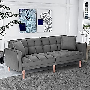 SoarFlash Modern Upholstered Convertible Futon Sofa Bed, Mid-Century Fabric Multi-Function Loveseat Sofa Twith 3 Adjustable Backrests and 5 Solid Wooden Legs (Deep Grey)
