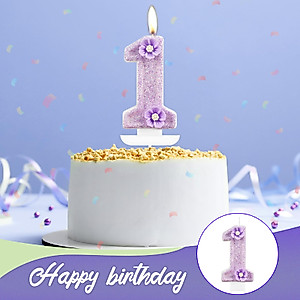 Birthday Number 1 Candles, Purple Flower 1st Birthday Candles for Cake Topper Decorations, Birthday Party Wedding Anniversary Celebration Supplies