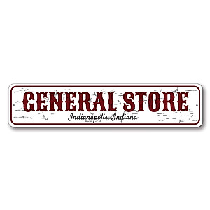 General Store City State Sign, Kitchen Sign, Custom Shop Location Sign, Country Aluminum Decor - 4" x 18"