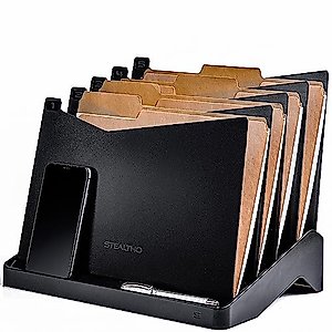 File Organizer Stealtho - Desk Organizers and Accessories for Folder - Desktop Storage and Paper Sorter - Office Supplies Document Organization - 5 Box Section - Black