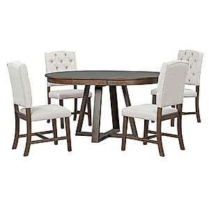 Merax Wood Extendable Round Kitchen Table and Chairs Set for 4-6 Persons Farmhouse Round Dining Table Set for Small Space, WalnutWash