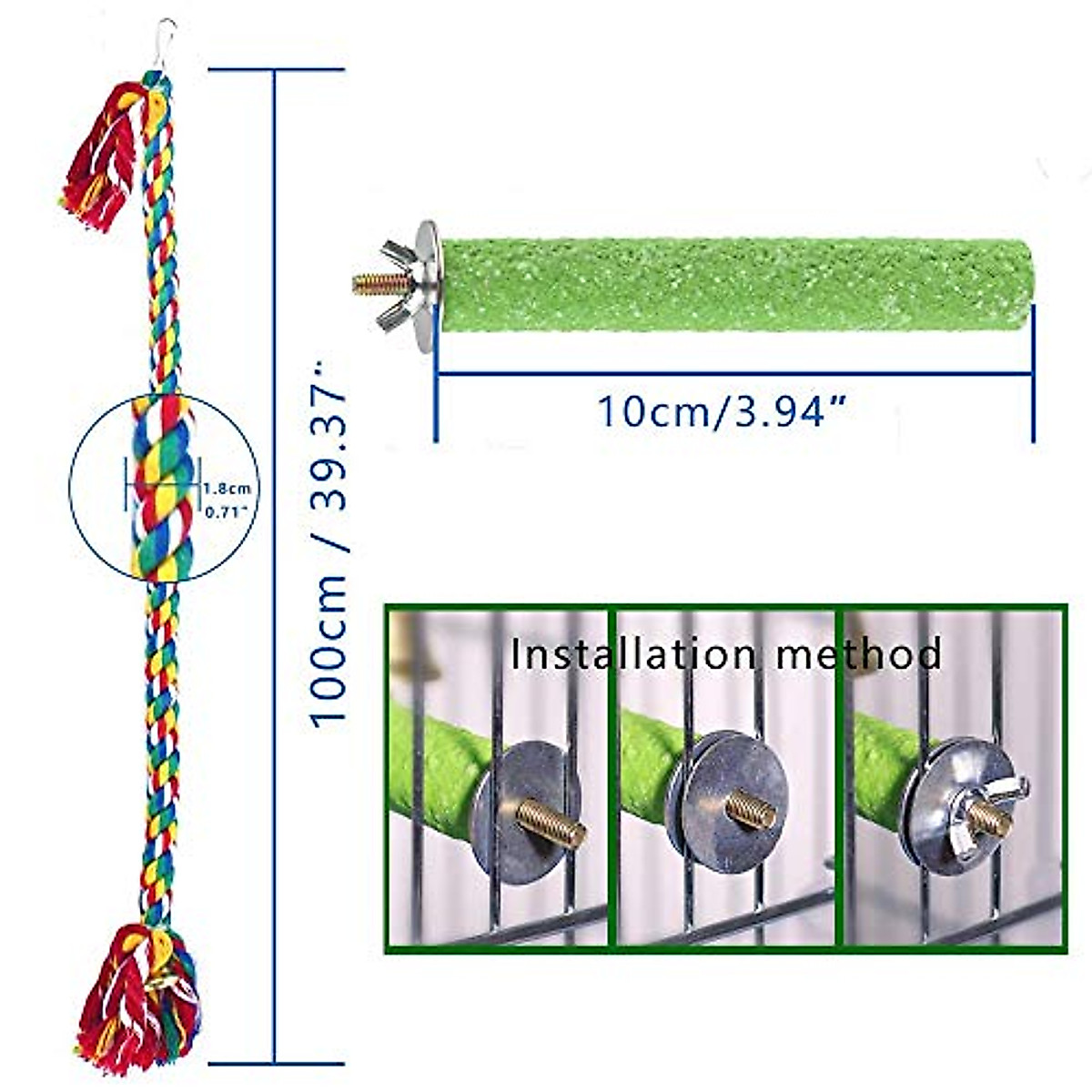 Bird Perch Stand Bird Rope Perch Bird Toys, for Parakeets Cockatiels, Conures, Macaws, Lovebirds, Finches Bird Cage Accessories (3 Pcs)