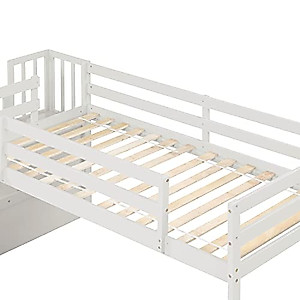 BOVZA Twin Size Low Loft Bed with Stairs and Slide, Wood Bedframe with Safety Guardrails for Kids Boys Girls, White