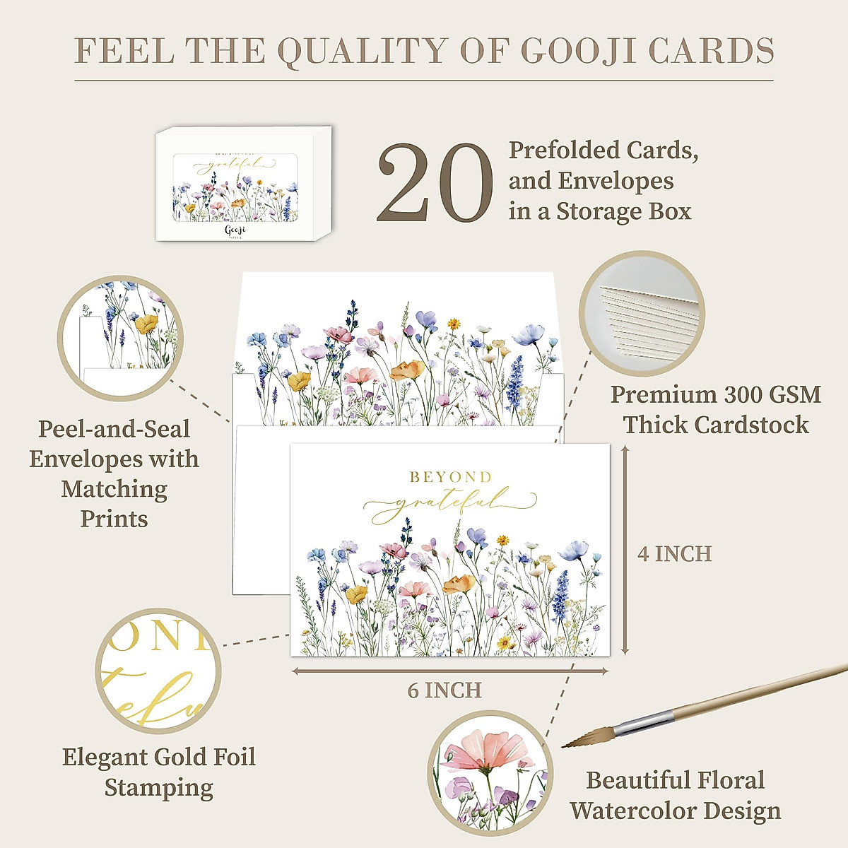 Gooji 4x6 Meadow Bloom Beyond Grateful Thank You Cards, Bridal Shower Thank You Cards, Wedding, Baby Shower, Birthday, Baptism, Small Business (Bulk 20 Pack) Watercolor Flower Design