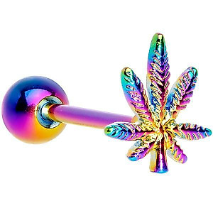 14G RAINBOW POT LEAF MARIJUANA HEMP STEEL TONGUE RING BODY PIERCING BARBELL Style 88888-597