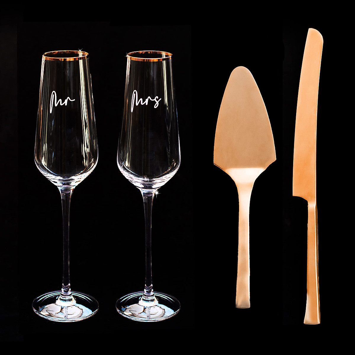 J&A Homes Rose Gold Wedding Cake Knife Server Set and Toasting Flutes - Reception Bride Groom Wedding Party Champagne Glasses Pie Cake Cutting Engagement Gift