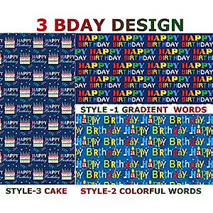 U'COVER Birthday Wrapping Paper 6 Large Sheet Happy Birthday Gift Wrapping Paper for Kids Boys Girls Men Women Baby Shower 3 Style Colorful Birthday Greeting Gift Wrap Paper Folded Flat 27 * 37inch