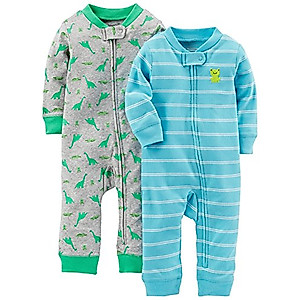 Simple Joys by Carter's Baby Boys' 2-Pack Cotton Footless Sleep and Play, Grey Dinosaur/Light Blue Double Stripe, 6-9 Months