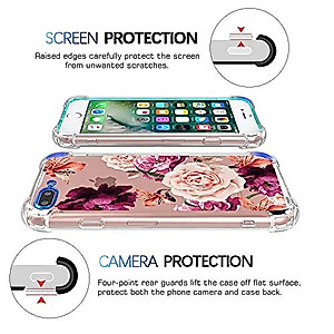 KIOMY iPhone 7 Plus 8 Plus Case Women Flowers Floral Pattern Bumper Shockproof Protective Back Cover Flexible Slim Fit Soft TPU Rubber Silicone Cell Phone Cases Clear with Cute Purple Rose Design Girl