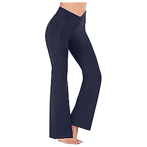 Crossover Flare Leggings for Women High Waist V Cross Bootcut Bell Bottoms Workout Flared Yoga Pants with Pockets Crazy CRZ Navy L