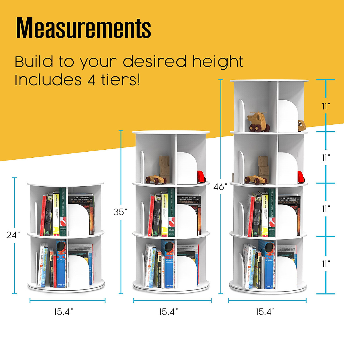 Rotating Bookshelf, Revolving Bookcase, Spinning Book Shelf, 4 Tier, 18.2” W x 50.6” H, White, Wood, 360 Degrees Bookshelves, Floor Stand, Rotation Display Tower, Stackable, Round, for Kids, Children