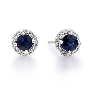 Gin & Grace women's 14K White Gold Genuine Blue Sapphire Earrings With Diamonds | Ethically, Authentically & Organically Sourced (Round-Cut) Shaped Sapphire Hand-Crafted Jewelry QA0869E-BS