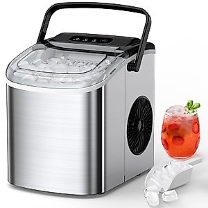 Joy Pebble Ice Maker Countertop with Handle, Self-Cleaning Portable Ice Machine with Basket and Scoop, 26Lbs/24H, 9 Cubes Ready in 6-8 Mins, for Home/Office/Kitchen, Stainless Steel