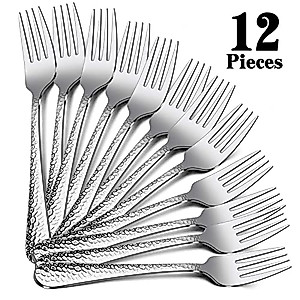 E-far 12-Piece Stainless Steel Hammered Dinner Forks Set, Salad Flatware Forks Use for Home, Kitchen, Restaurant, Round Edge & Mirror Polished, Dishwasher safe - 7.9 Inches