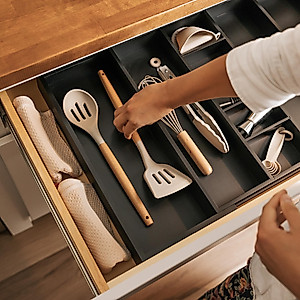 KitchenEdge Adjustable Kitchen Drawer Organizer for Utensils and Junk, Food-Safe Contract Grade with 100% Sustainable Wood, Non-Slip, Expandable from 16 to 28 Inches Wide - Black Bamboo