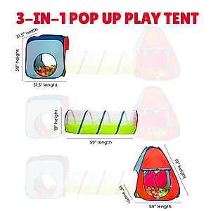 Kiddey Tunnel and Ball Pit Play Tent | 3pc Pop Up Toddler Gym Tunnels with Tents for Kids, Toddlers, Infants Boys & Girls | Indoor & Outdoor Gift Game | Baby Crawling Pits for Playground