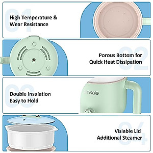 Ankale Hot Pot Electric with Steamer, 1.5L Portable Nonstick Rapid Electric Ramen Cooker, MultiFunction Mini Pot with Power Adjustable, Travel Electric Pot for Pasta/Noodles/Shabu Shabu/Oatmeal, Green